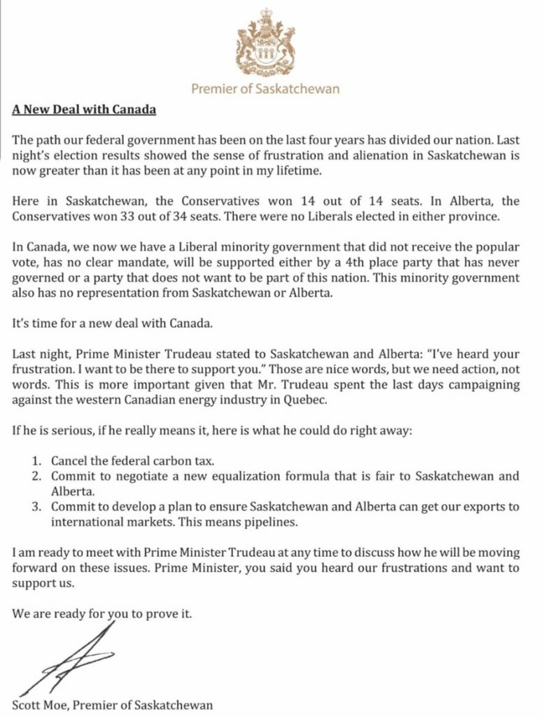 A NEW DEAL FOR CANADA! Saskatchewan Premier Scott Moe's Letter - What ...