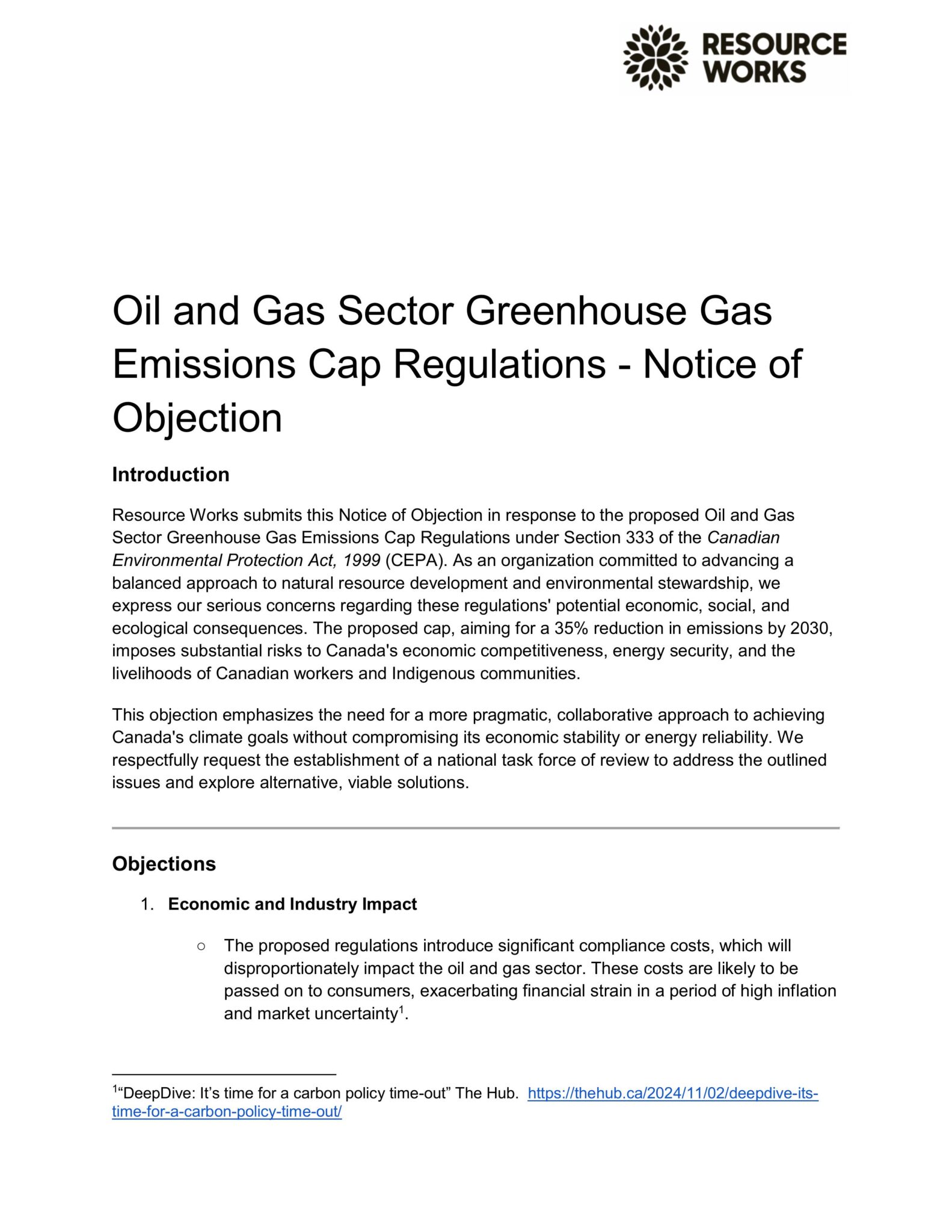 Oil and Gas Sector Greenhouse Gas Emissions Cap Regulations - Notice of Objection - Canadian ...